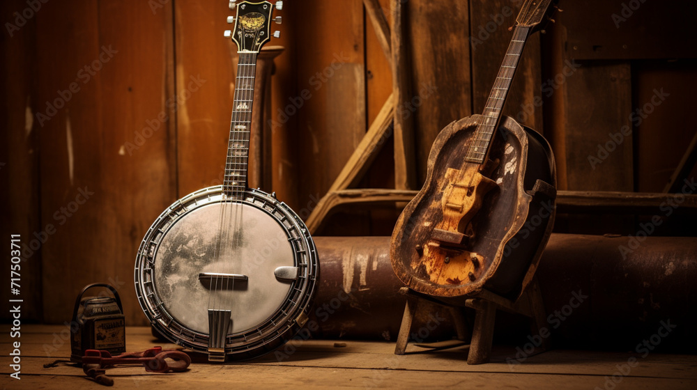 A close-up of the vintage banjo collection in natural light. BanjoA man ...