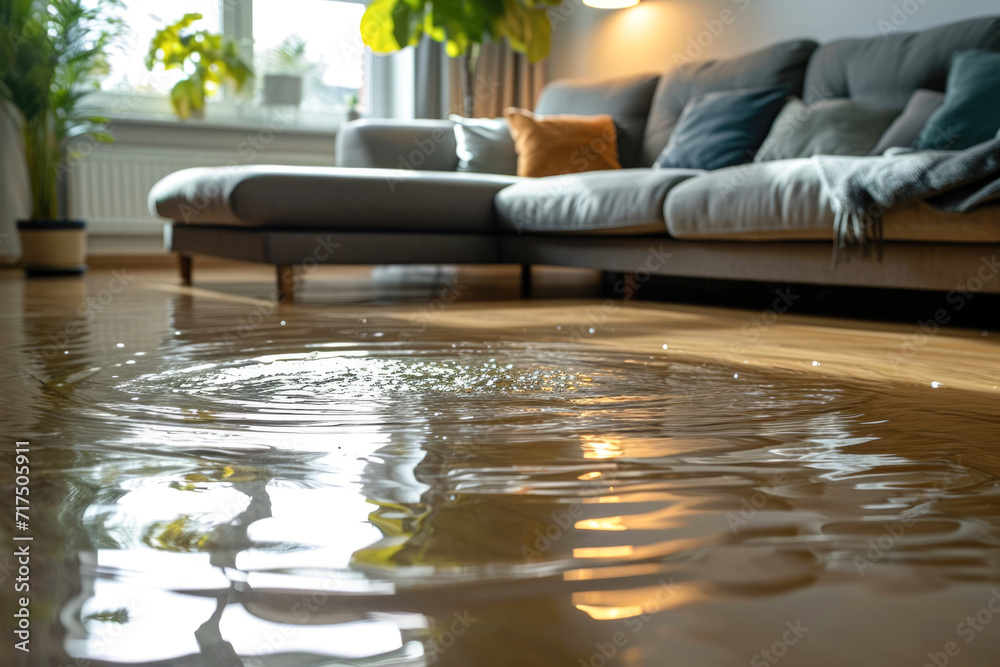 Flooded living room after a pipe burst with sofa and coffee table, closeup Stock Illustration ...