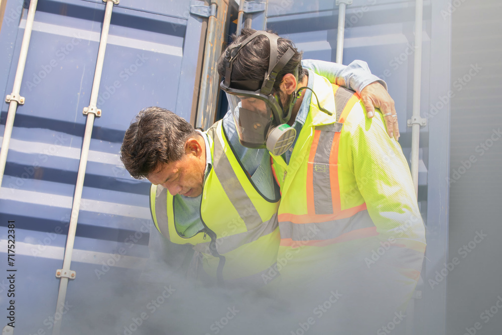 Male rescue workers PPE uniforms wearing gas mask protect against ...