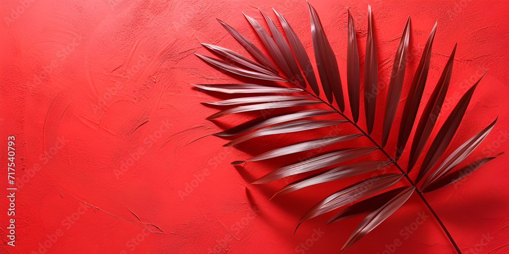 single red areca palm tropical leaf in red color washed on, with empty ...