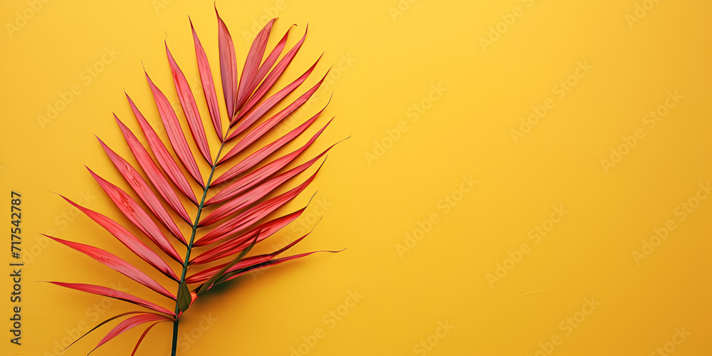 single red areca palm tropical leaf in yellow color washed on, with ...