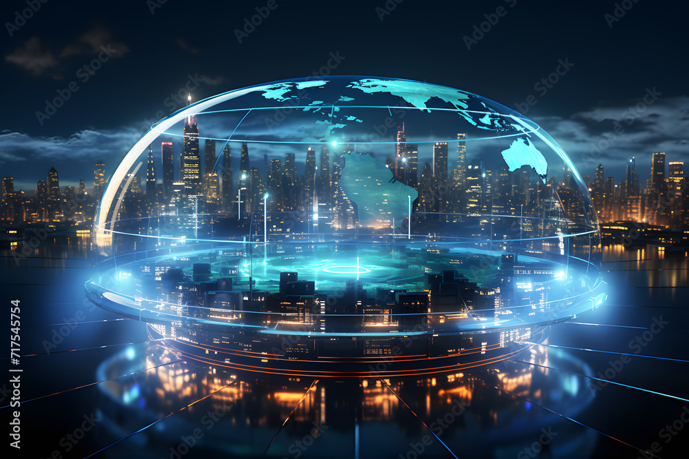 Model futuristic city under glass dome blue light protect city future technology. Cyber security ...