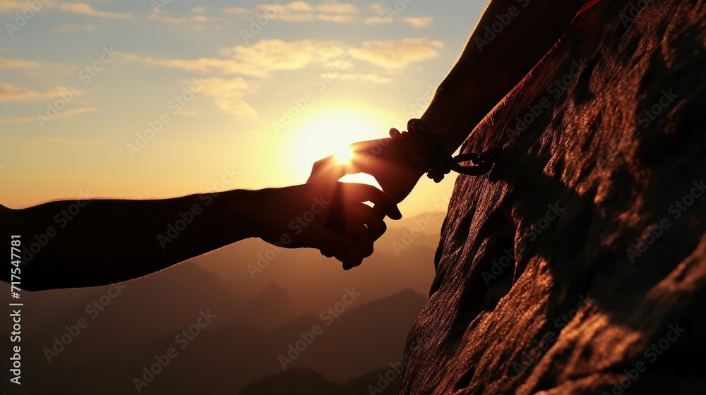 Silhouettes of man and woman helping each other to climb the hill ...