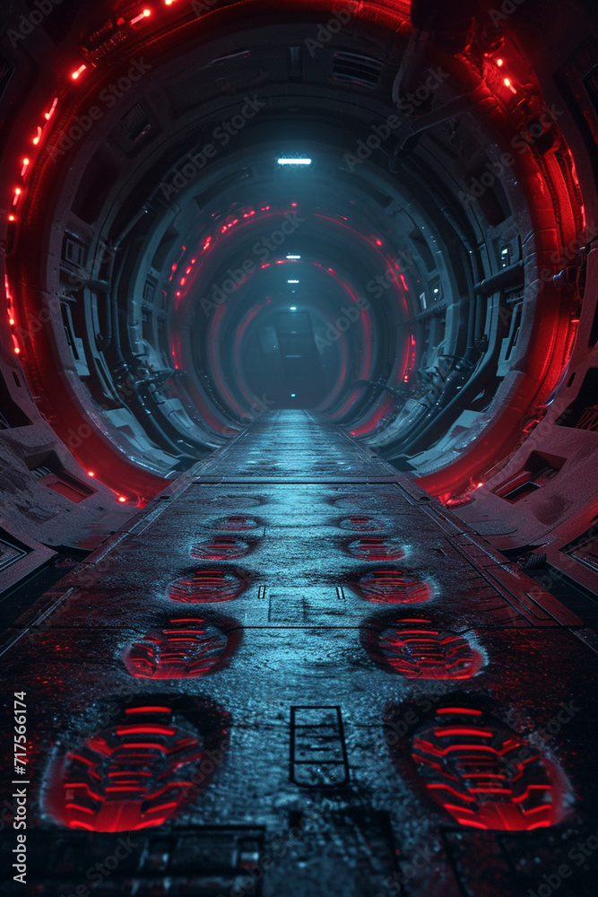 Robot footprints in a sci-fi corridor, leading to an unknown futuristic ...