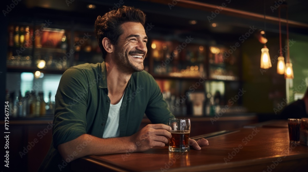 A handsome smiling man drinks beer, whiskey at the bar behind the bar ...