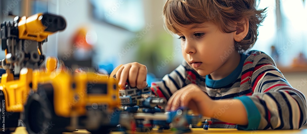 One kid choose parts of robotic electric toys for his age of four to ...
