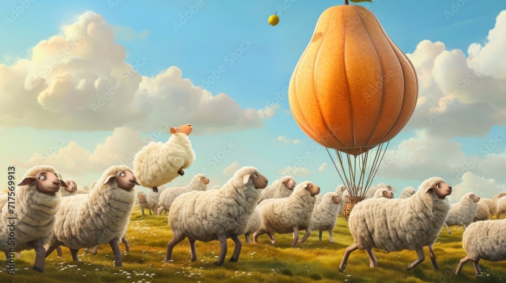 Cartoon scene The pear hot air balloon lands in a field of sheep ...