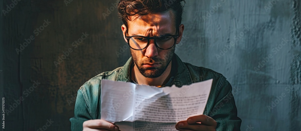 Frustrated young man in eyewear holding paper correspondence in hands ...