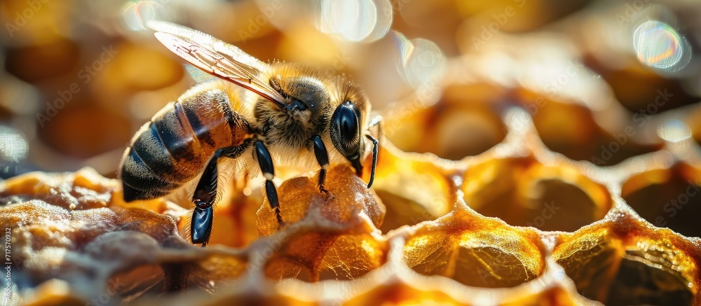 Honey bee eggs made by queen bee at the bottom of the wax cell close up ...