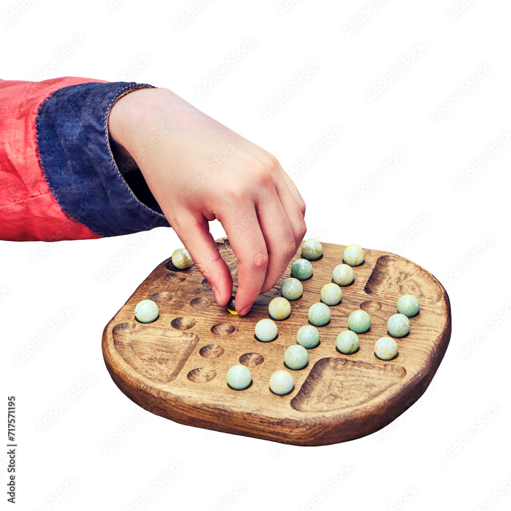 Two people play an ancient board game Mill, isolated on a white ...