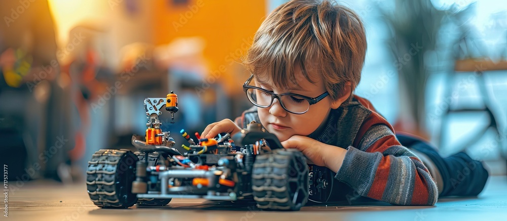 One kid choose parts of robotic electric toys for his age of four to ...
