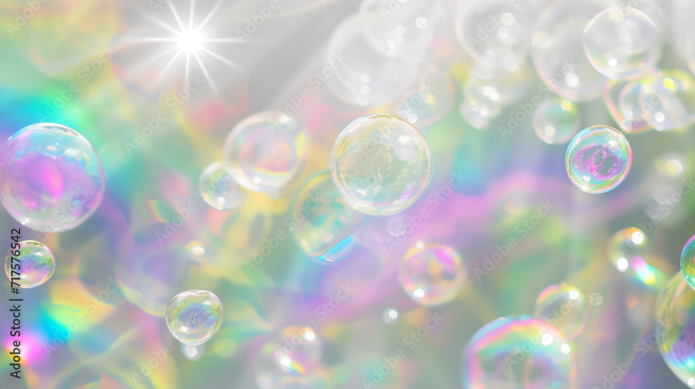 Transparent Soap Bubbles Fly And Gather Together. Bubble Rainbow ...