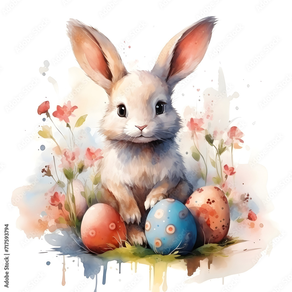 Watercolor illustration, Bunny with soft, expressive eyes and perky ...