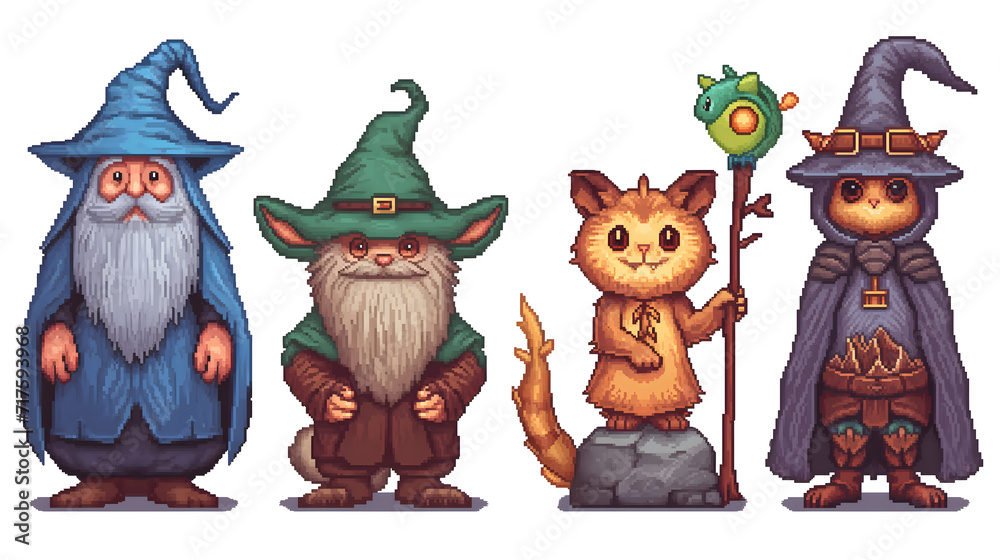 Collection of wizard and witch cat NPC characters with magic wand in ...