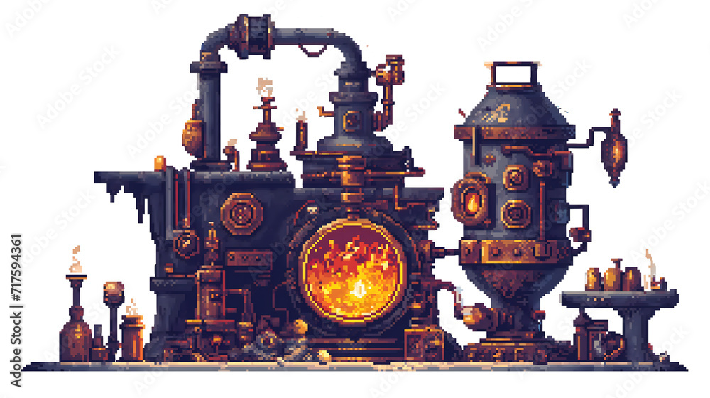 modern witch furnace with spewing fire in pixel art style, pixel art ...