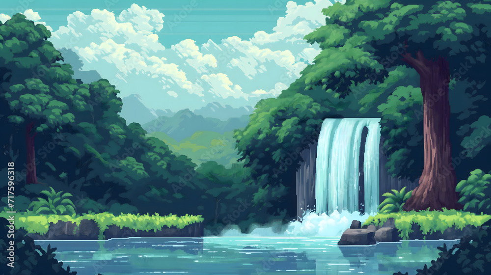 waterfall on meadow hills in pixel art style, pixel art background, rpg ...