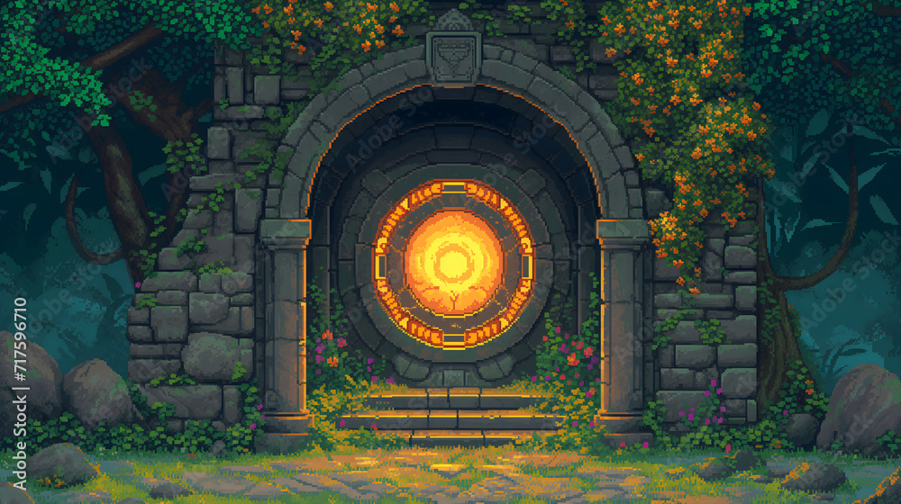 portal in the forest in pixel art game background, magic gate portal ...