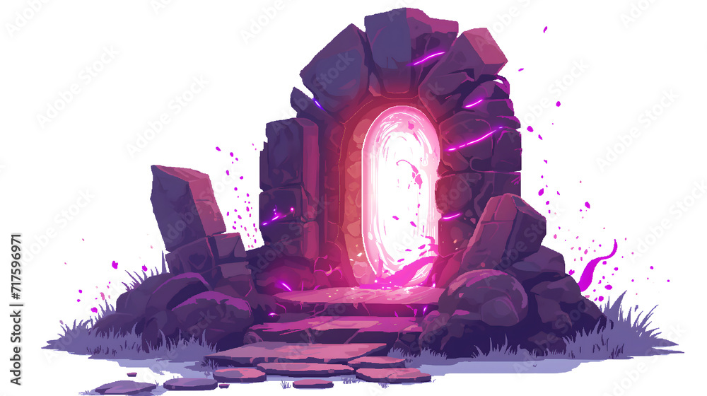 purple portal in pixel art game background, magic gate portal view ...