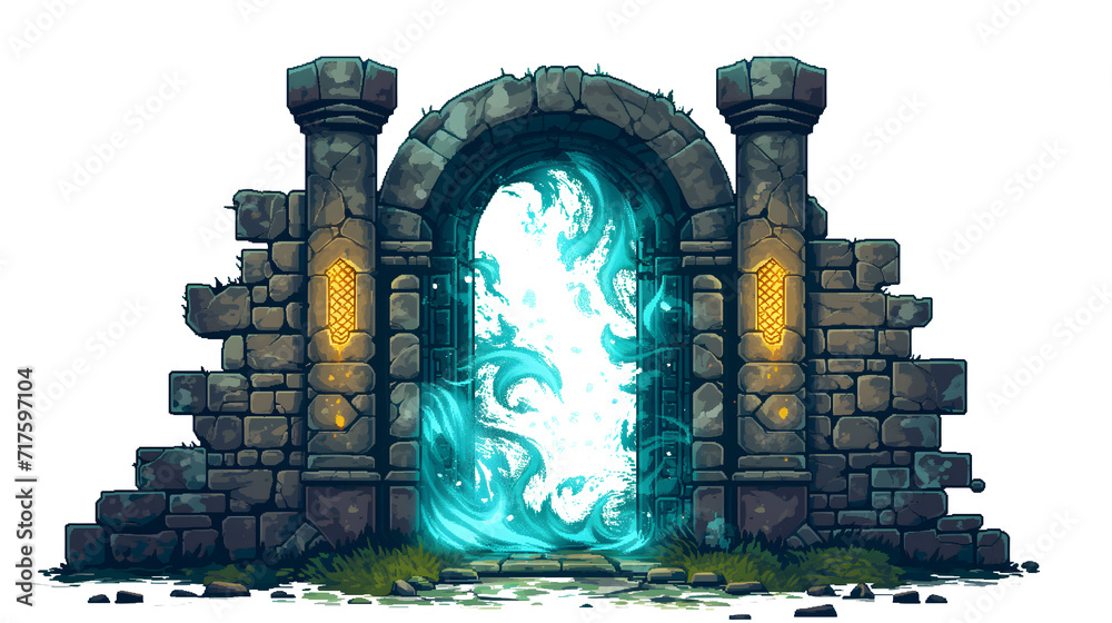 blue portal in pixel art game background, magic gate portal view, pixel ...