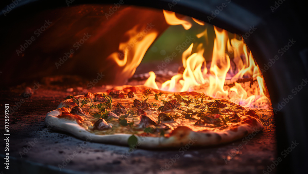 Flames dance in a traditional brick oven, heating up a delicious, hot ...