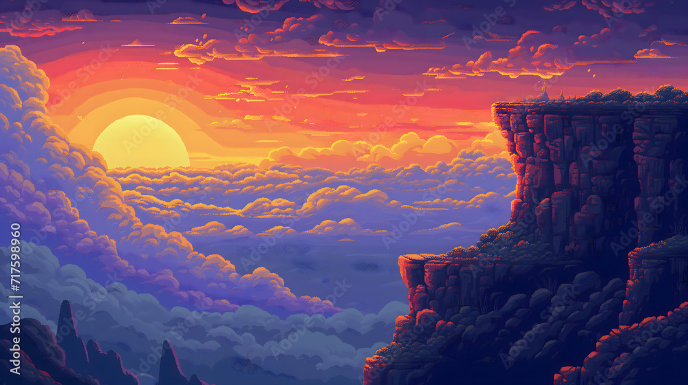 hill terrain in sunset in pixel art game style, pixel art game terrain ...