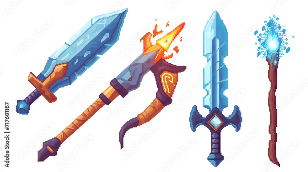 weapons collection, swords, axes, wands, weapons collection set in ...