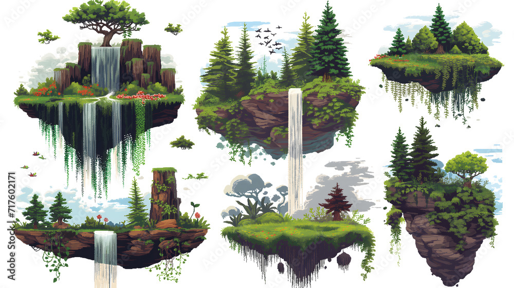 floating island with waterfall in pixel art game style, isolated on ...