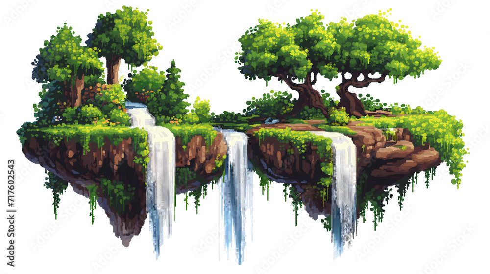 floating island with waterfall in pixel art game style, isolated on ...