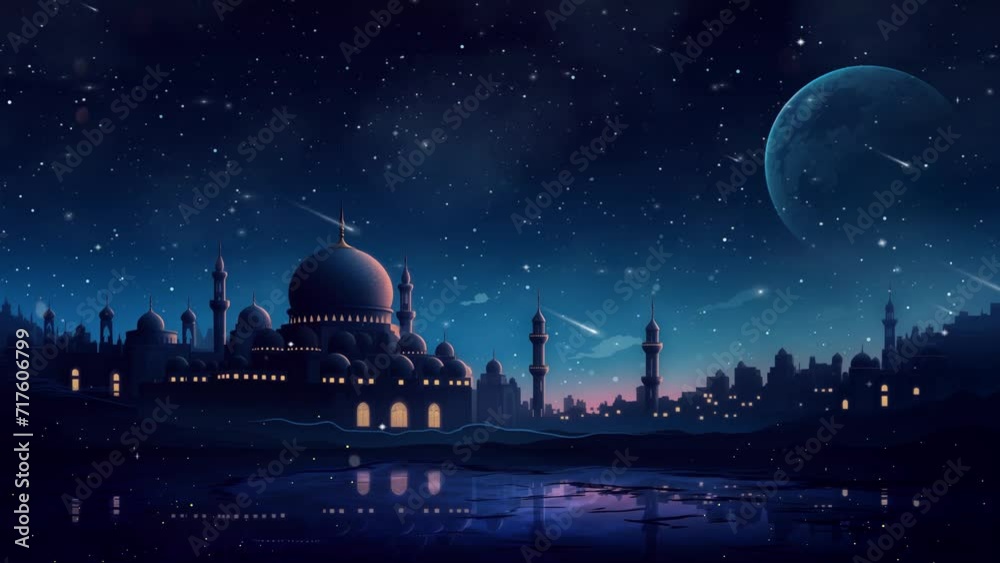 beautiful night ramadan with silhouette of mosque. moonlit marvels of ...
