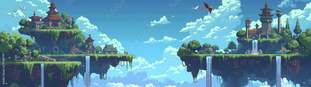 meadow hill terrain with waterfall in blue sky in pixel art game style ...