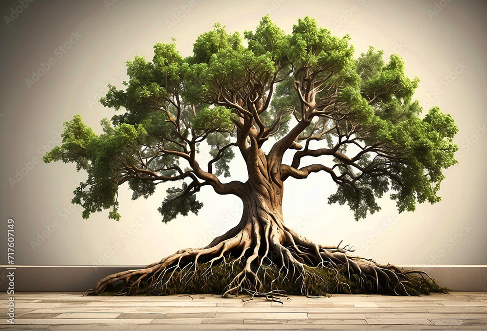 illustration produced by AI showing an old tree leaning against a wall ...