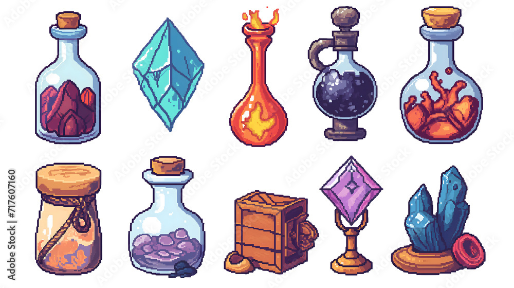 collection of magic potions and crystals, pixel art in-game ...