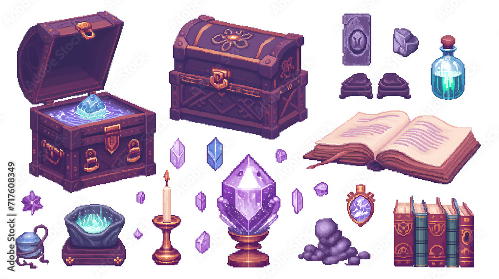 set of objects, items collection of dungeon treasure in pixel art ...
