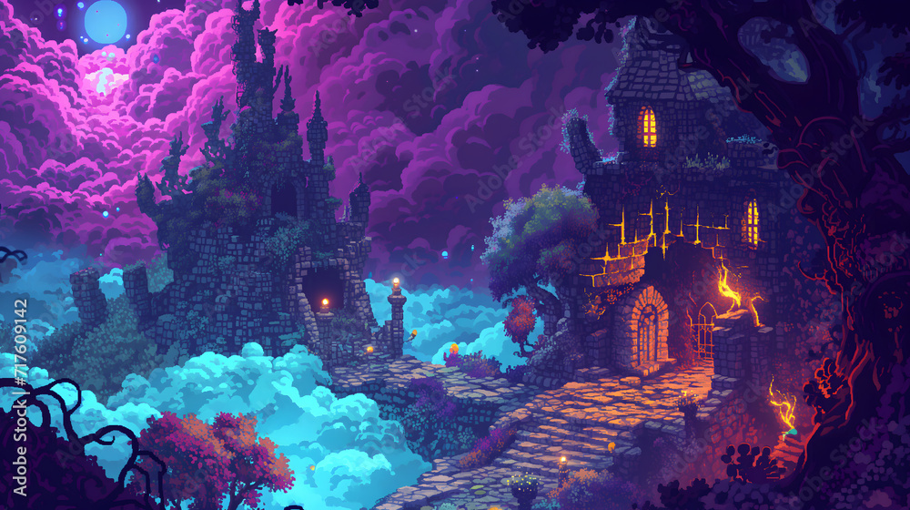 dark castle at night above the clouds in pixel art style, pixel art ...