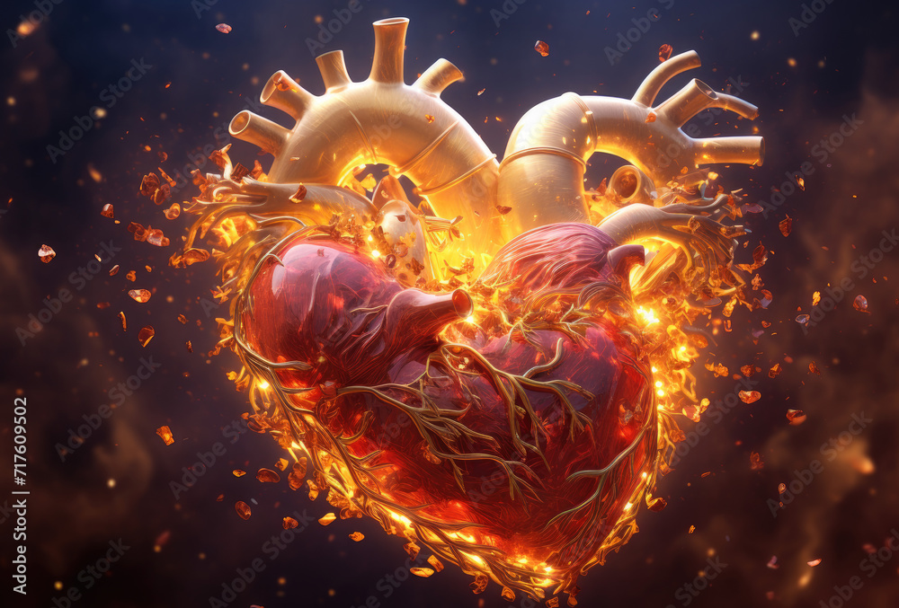 Human heart organ surrounded by radiant red and yellow flames, isolated ...