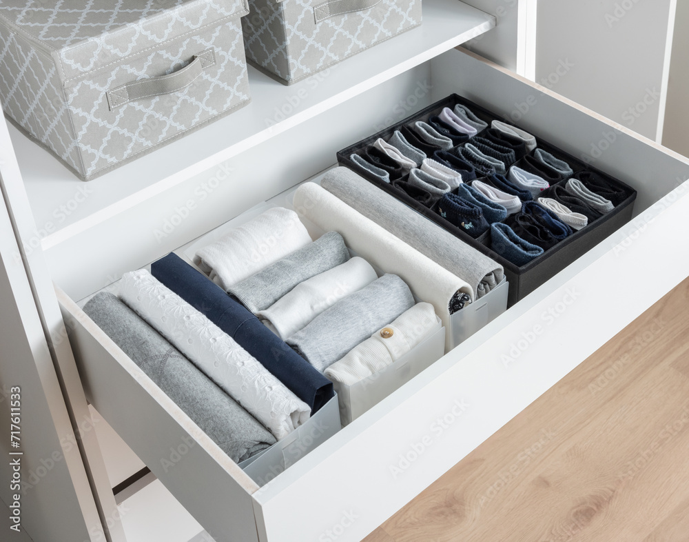 Organized White Wardrobe Drawer with Neatly Folded Clothes and Fabric ...