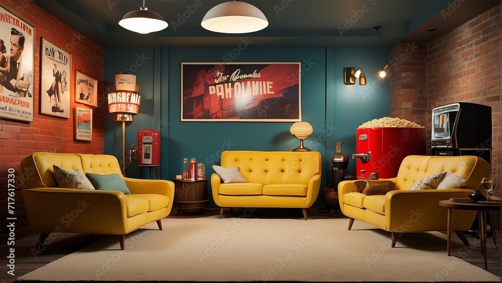 Vintage-Styled Living Room with Yellow Sofas, Retro Posters, Popcorn ...