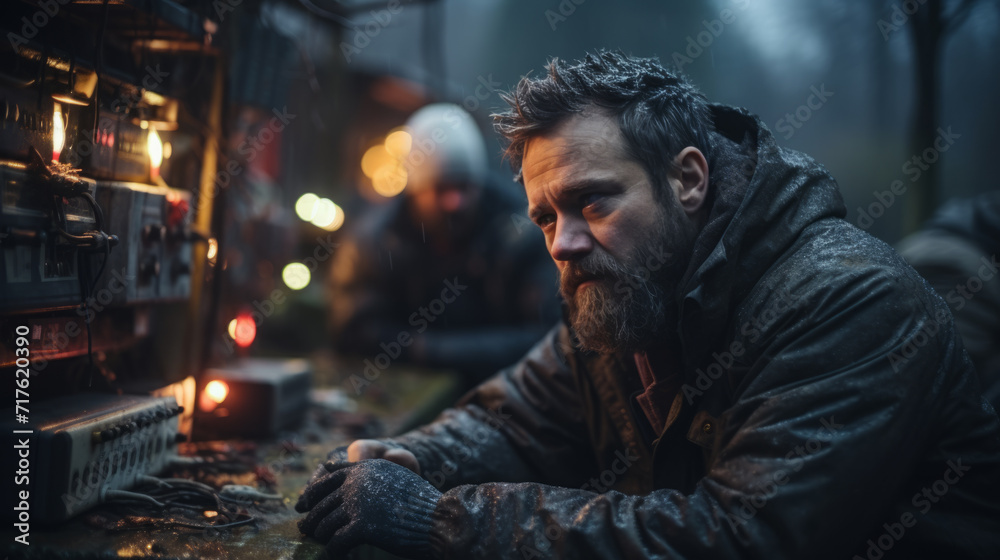 Tired and worried unshaven man dressed with winter clothes crouching ...