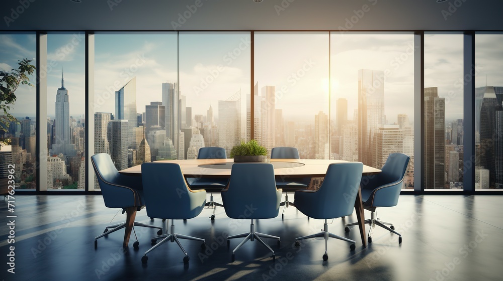 meeting room with a large conference table and large windows view an ...