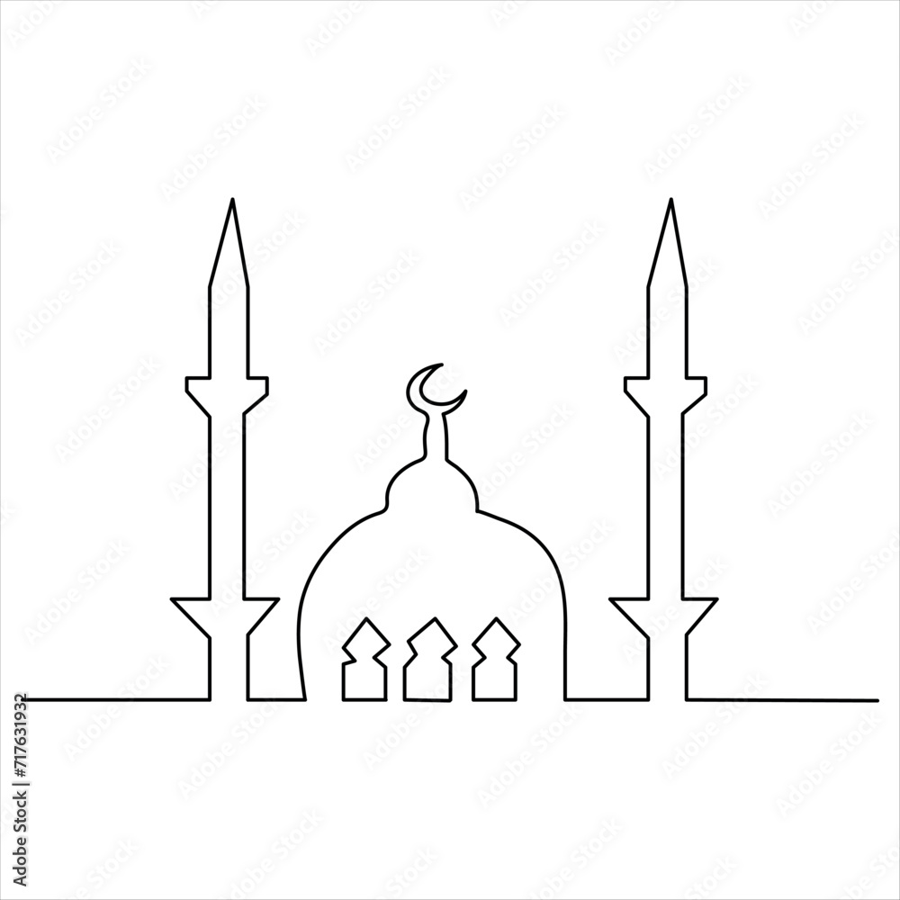 Continuous one line drawing of mosque line art drawing vector ...