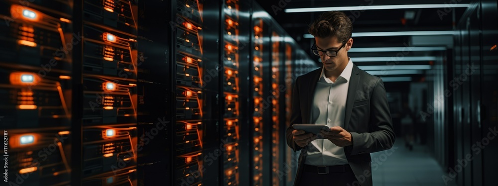 The technical director of the data center is standing in the server ...