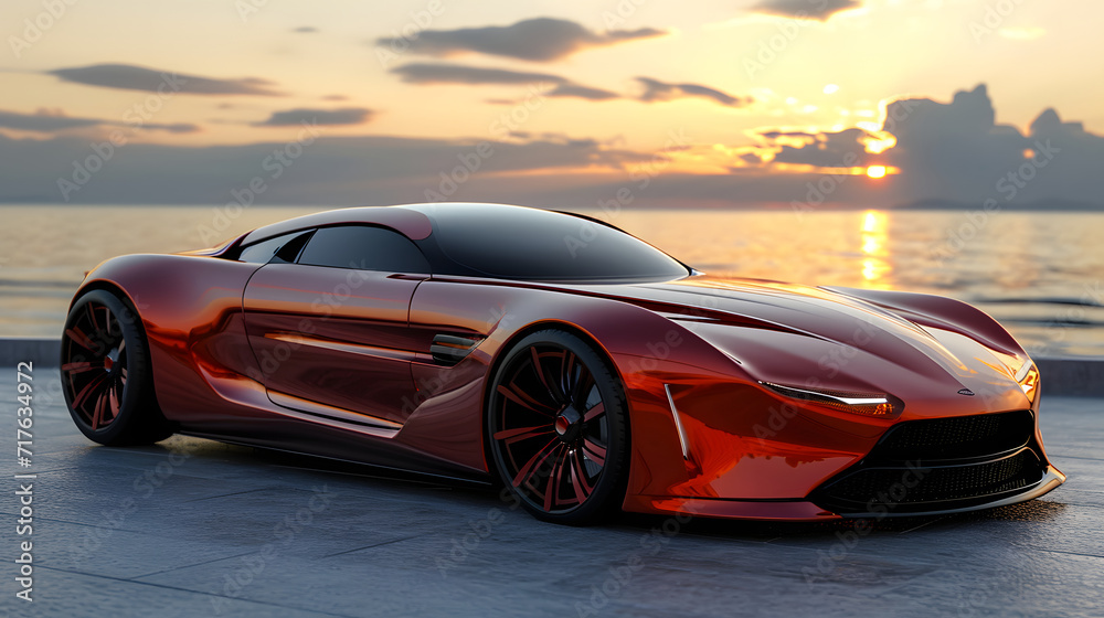 sleek luxury sports car by the sea, sports car display, elegant car ...