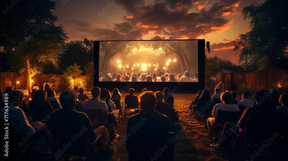 Rear view: A group of people sitting on the ground watching a movie on ...