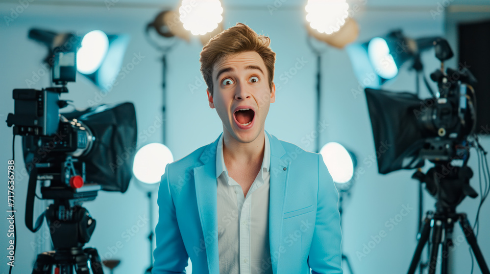 Excited Young Host in Blue Blazer on Set. Charismatic male show host ...