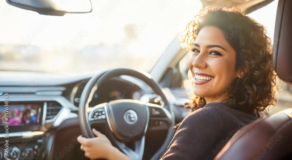 Young latino hispanic business woman driving car, smiley face. Business ...