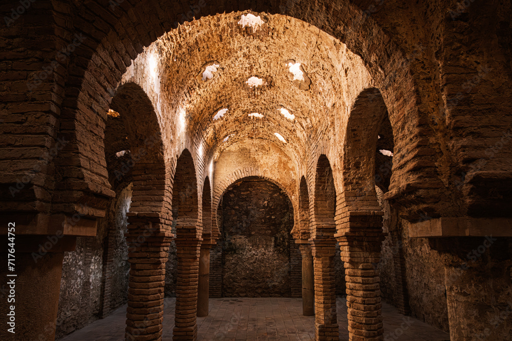Interior of Arab Baths (Banos Arabes), Ronda, Andalucia, Spain. It is a ...
