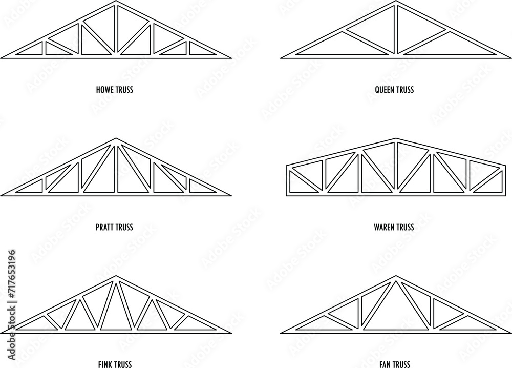 Roof metal trusses constructions. Set of roofing steel frames. Vector ...