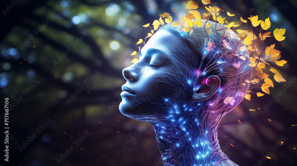 Stunning woman AI comuning with nature. Contast of technologie vs ...