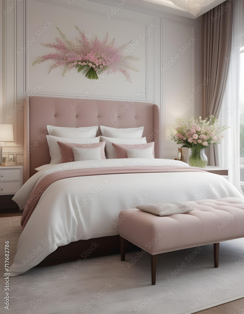 Modern luxury elegant bedroom with spring vibes with flowers and bed ...