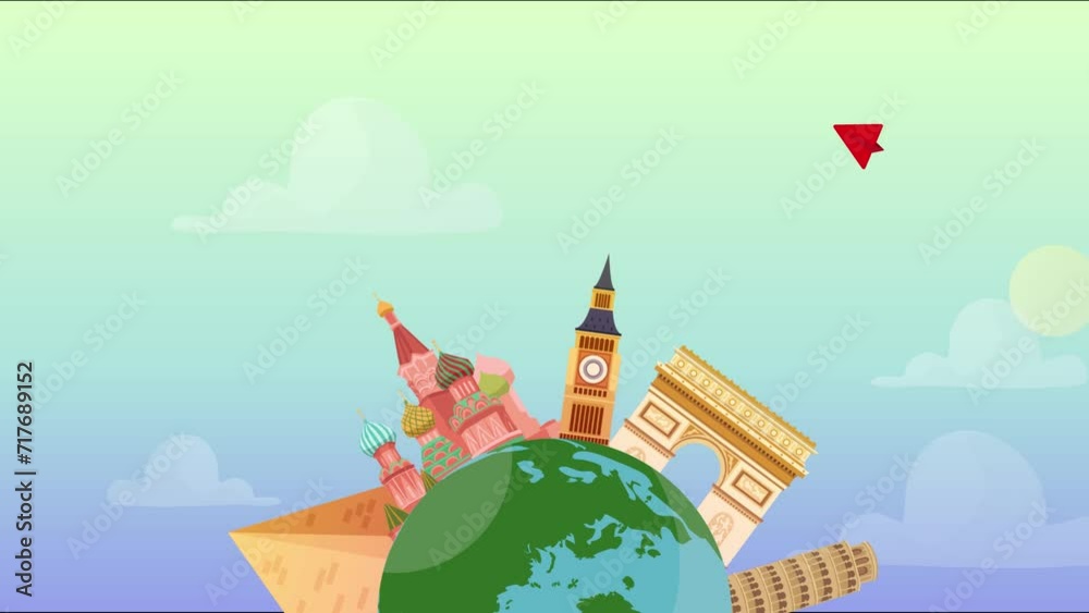 Vidéo Stock Travel over the world animation. World's famous buildings ...
